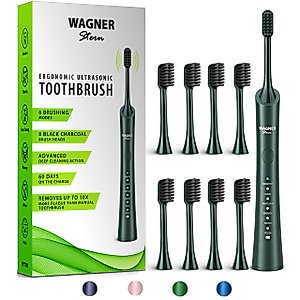 Wagner Stern ultrasonic whitening Electric Toothbrush with 8 Charcoal Black Brush Heads. for Fresh Breath & Healthy Smile. (Green)