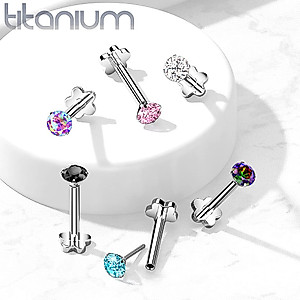 Dynamique Implant Grade Titanium Threadless Push In Flower Base Labret, Flat Back Studs With CZ Prong Set Top For Cartilage, Monroe, Nose (Sold Per Piece)