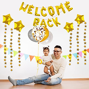 66 Pieces Welcome Back Balloon Banner Decorations Kit with Gold Welcome Back and Star Banner Gold Silver Confetti Glitter Balloons Star Shape Balloons for School Classroom, Wedding, Home Party Decors