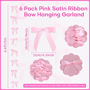 Pink Satin Ribbon Bow Hanging Garland, Bow Party Hanging Decortions, Girls Bow Birthday Baby Shower Decorations, Coquette Birthday Decorations, Tying The Knot Bridal Shower Bachelorette Party Decor