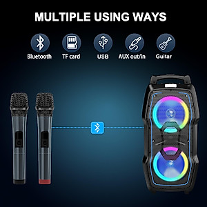 VeGue Karaoke Machine, Wireless Bluetooth PA System for Adults & Kids with Dual 8'' Subwoofers, 2 UHF Wireless Mics, Colorful LED Lights, Ideal for Home Karaoke, Party, Stage Performance (VS-0808)