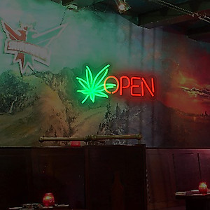 Moodlion Open Neon Sign, Neon Signs for Wall Decor, Dimmable Neon Green Leaf LED Signs for Bedroom Aesthetic, Light Up Neon Signs for Hotel Beer Bar Man Cave Club Pub Party Decorations