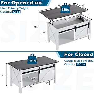VINGLI White Charcoal Lift Top Coffee Table, 36" Small Farmhouse Barn Door Coffee Table with Storage, Rectangular Center Wood Coffe Table with Lifting Top, Living Room Tables with Hidden Compartment