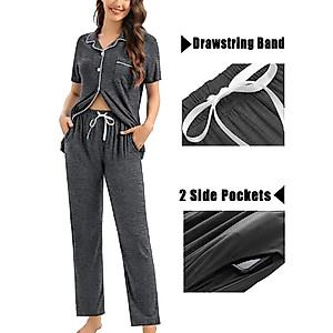 SWOMOG Womens 3pcs Button Down Pajamas Set Short Sleeve Sleepwear Bride Soft Pj Lounge Sets with Long Pants Deep Grey X-Large