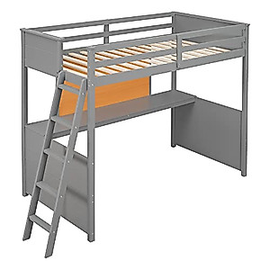 Lifeand Twin Size Loft Bed with Desk and Writing Board, Wooden Loft Bed with Desk,Gray