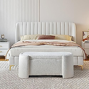 KINFFICT 43.4" Storage Ottoman Bench for Bedroom End of Bed, Upholstered Boucle Storage Bench, Modern Sherpa Benches Furniture with Safety Hinge for Entryway, Bedroom, Living Room, Teddy White