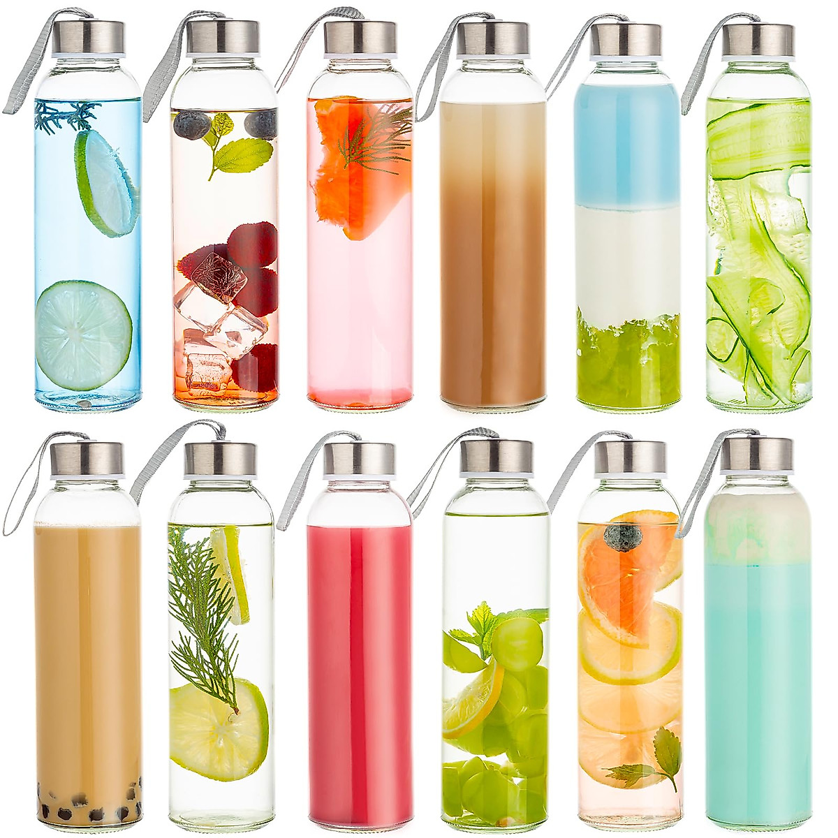 wookgreat Glass Water Bottles, 12 pcs 18 oz Glass Bottles, Reusable Sports Water Bottle with Stainless Steel Lids and Carrying Straps, BPA Free, Leak-proof Water Bottles for Travel, Gym, Office