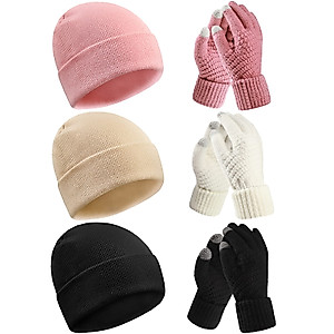SATINIOR 6 Pieces Winter Beanie Hat Gloves Set, Knit Hat Touchscreen Gloves Soft Skull Cap Set for Women Men(Black, Pink, Apricot, White)