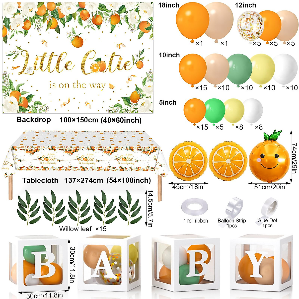 Winrayk Little Cutie Baby Shower Decorations Boy Girl, Baby Boxes with Letters Orange Balloon Arch A Little Cutie is On The Way Backdrop Tablecloth Foil Balloon Gender Reveal Baby Shower Decor Neutral