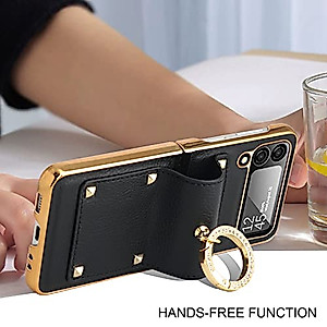 FNKJYND for Samsung Galaxy Z Flip 4 5G with Ring Holder,Luxury Leather Phone Cases with Bling Diamond Stand Flip Plating Golden Bumper Shockproof Protector for Galaxy Z Flip 4 5G 2022 Women Girls