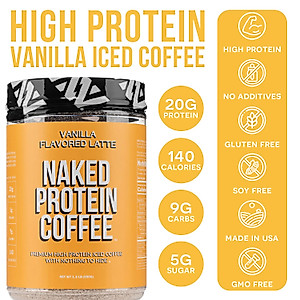 NAKED Vanilla Latte Protein Coffee - Premium Instant Coffee - Protein Shake, Iced Coffee, Protein Drinks, Delicious Keto Friendly and Gluten Free, 17 Servings