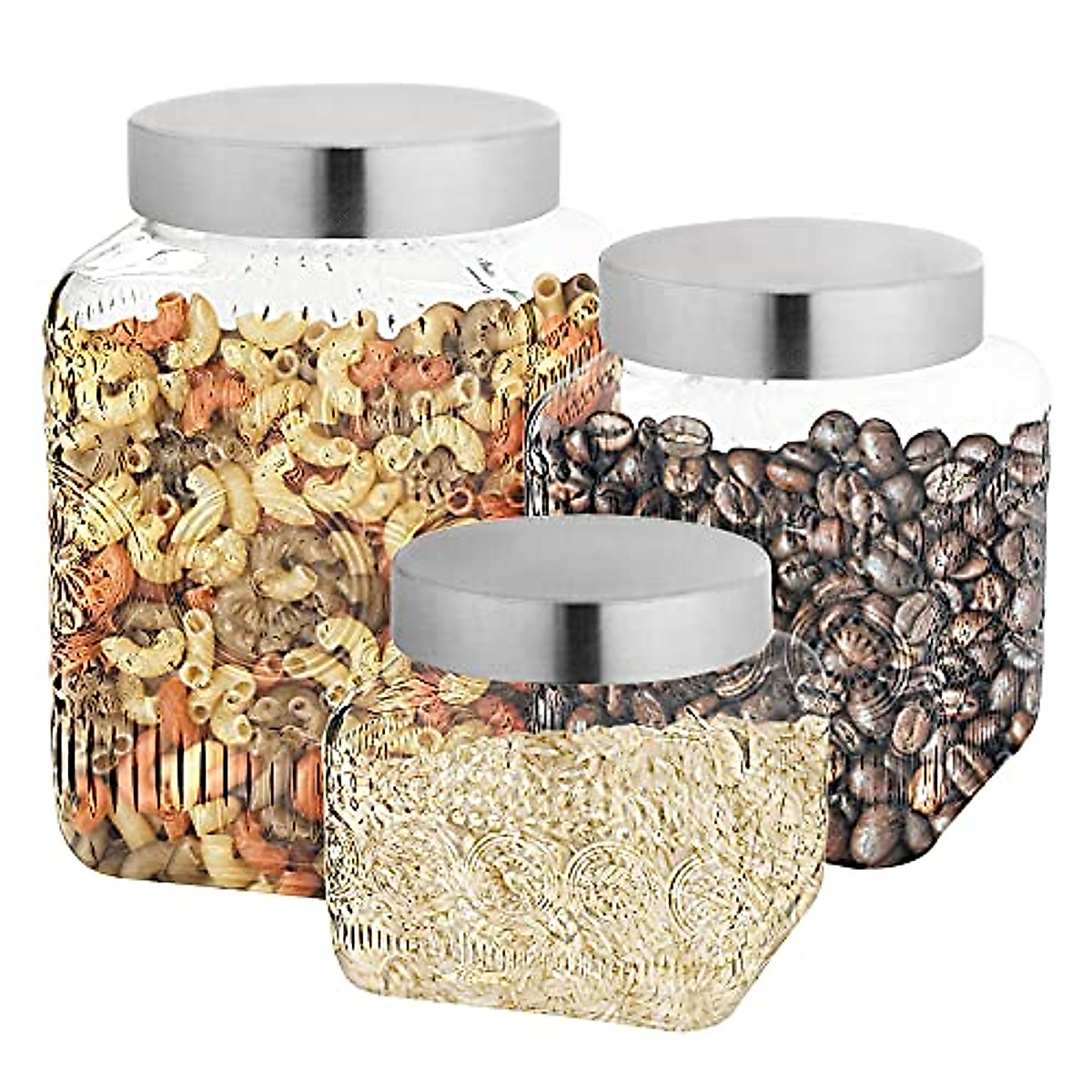Style Setter Canister Set Decorative Glass Jars Chic Retro Floral Design with Airtight Lids for Cookies, Candy, Coffee, Flour, Sugar, Rice, Pasta, Cereal and More (Medallion Square)