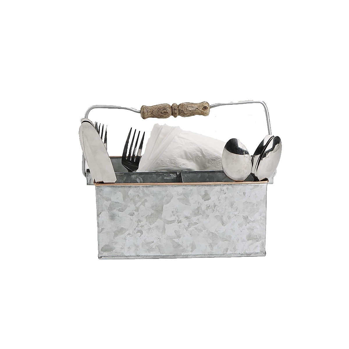 Mind Reader Wood & Galvanized Utensils Caddy, 3 Section Flatware Organizer, Server Ware Holder, Silverware, Cookware, Forks, Spoons, Knives, One Size, Silver Wood Handle