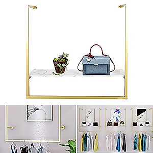 Gold Metal Wall Mounted Clothes Rail Shelf Clothing Store Simple Display Rack Window Ceiling Hanging Garment Racks Ceiling Mount Clothes Storage Hanger for Home Retail Store Use (Gold-U-Shaped+board)