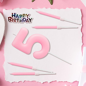 Macaron Pink Birthday Candle, Number 5 Candle with 6 Pcs Macaron Pink Short Thin Birthday Candles for Cake, Pink Cake Topper for Girl Women Pastel Sweet Happy Birthday Party Decorations Supplies