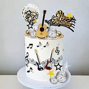 31 PCS Guitar Cake Toppers Music Notes Balls Cake Decorations for Musician Birthday Party Rock Theme Party (Black)