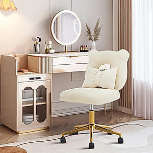Furnimart Swivel Desk Chair Cute Vanity Chair with Kawaii Backrest & Lumbar Pillow, Armless Comfy Faux Fur Accent Chairs for Bedroom, Makeup Room, Dorm, Teenage Girls (Ivory White)
