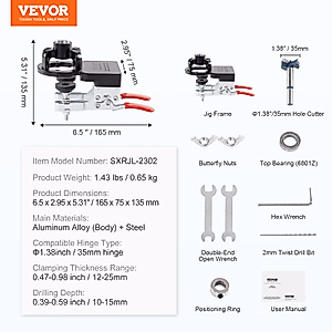 VEVOR 35 mm Concealed Door Hinge Jig, Aluminum Alloy Cabinet Hinge Jig, Accurate Locking Dual Clamp Fixation Hinge Drill Jig with Accessories, Woodworking Tool for Doors Cabinets Hinges Mounting