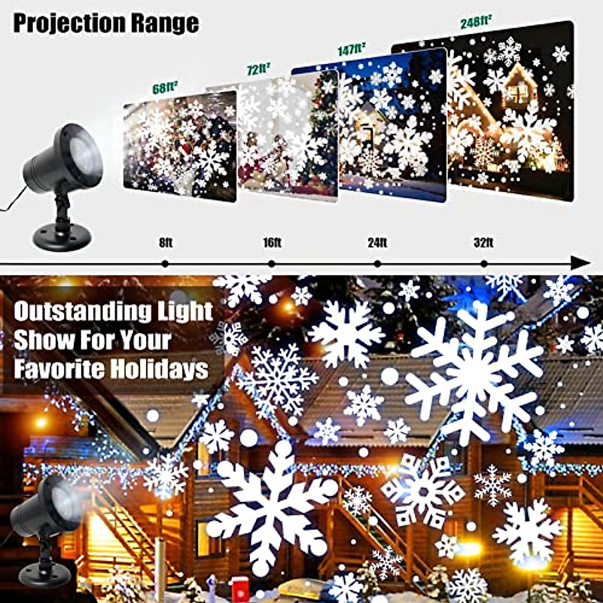 Christmas Lights Snowflake Projector Outdoor - LED Indoor Rotating White Snow Snowfall Night Light Projector Waterproof for Wedding Party Home Decoration Lighting Xmas Gift New Year Holiday