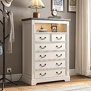 EnHomee Farmhouse 6 Drawer Dresser for Bedroom LED Light & Power Outlets, 48" H Solid Wood Dressers & Chests of Drawers with Natural Texture, Tall Dressers for Bedroom, Hallway (Antique White)