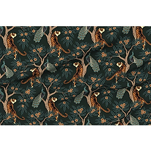 Spoonflower Fabric - Tiger Chinoiserie Bengal Peacock Asian Inspired Dark Teal Orange Printed on Petal Signature Cotton Fabric by The Yard - Sewing Quilting Apparel Crafts Decor