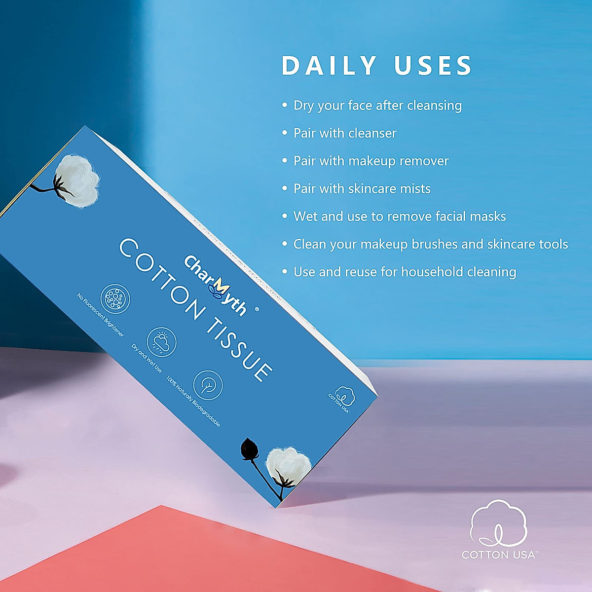 Charmyth Extra Thick Disposable Face Towel, Disposable Makeup Removing Wipes, 100% USA Cotton and 100% Organic & Cruelty Free, Lint-Free Cotton Tissues for Sensitive Skin 1 Count (Pack of 100)