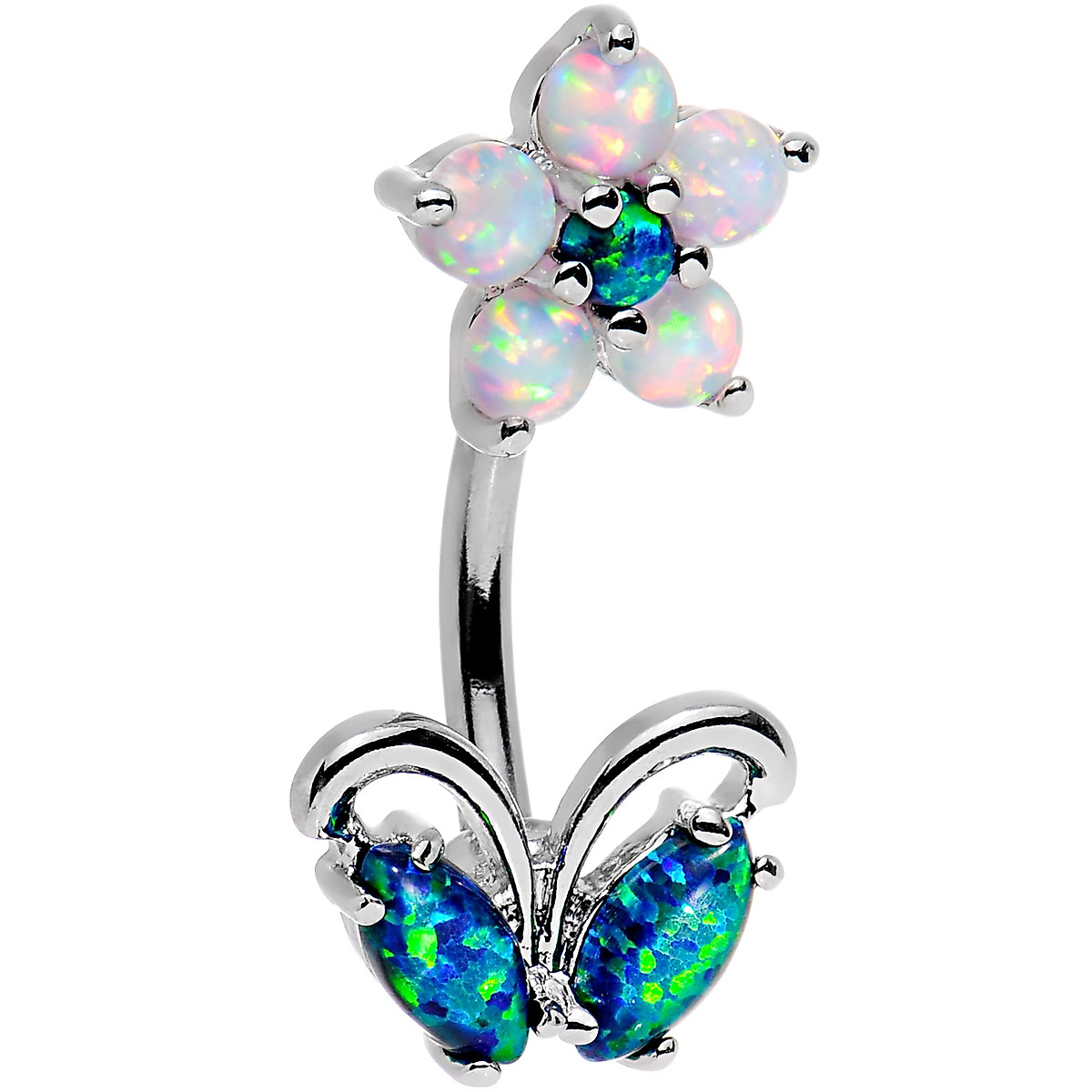 Body Candy Steel Clear Brilliant Blue Synthetic Opal Flourishing Flower Double Mount Belly Ring