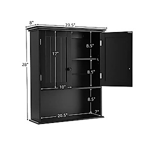 COSTWAY Wall Mounted Bathroom Cabinet, Over The Toilet Storage Cabinet w/Double Doors & Adjustable Shelf, Wood Hanging Medicine Cabinet for Living Room, Entryway, Kitchen (Black)