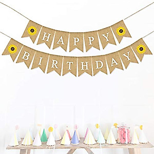 BESTOYARD Birthday Bunting Banner Decorative Burlap Banner Linen Swallowtail Pull Flag Party Supplies (Happy Birthday Letters Sunflower Pattern)