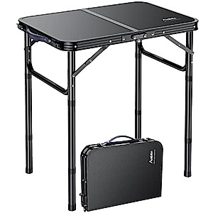 Anbte Folding Camping Table with Storage Net, Pure Black Aluminum 2ft Picnic Table 24" x 16" Outdoor Table Adjustable Height Max 26.5 inch, Lightweight, Waterproof, Portable Handle for Travel