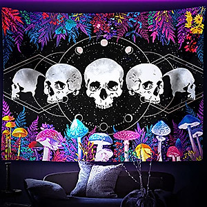 Jinxy Skull Moon Phase Mushroom Garden Tapestry, Psychedelic Floral Plant Tapestry, Wild Flowers Tapestry Home Decor Wall Hanging for Living Roomall Hanging for Living Room (Moon Phase Skull, 51.2" x 59.1")