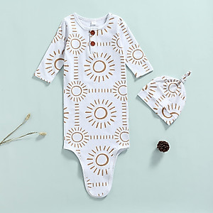 Tsseiatte Newborn Baby Boy Girl Knotted Gowns Long Sleeve Printed Sleeping Bag Coming Home Outfit Nightgown Pajamas Hat Set (C-Sun print white, 0-3 Months)