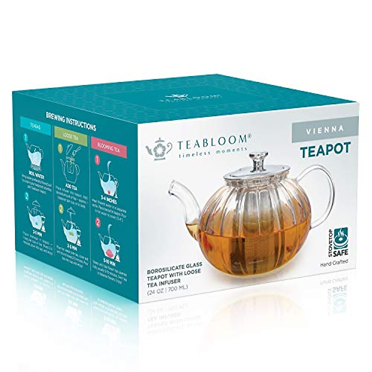 Teabloom Vienna Glass Teapot – Stain-Free Glass with Removable Loose Tea Infuser – Stovetop Safe – Dripless Spout – 24 oz / 700 ml (1-2 Cups)