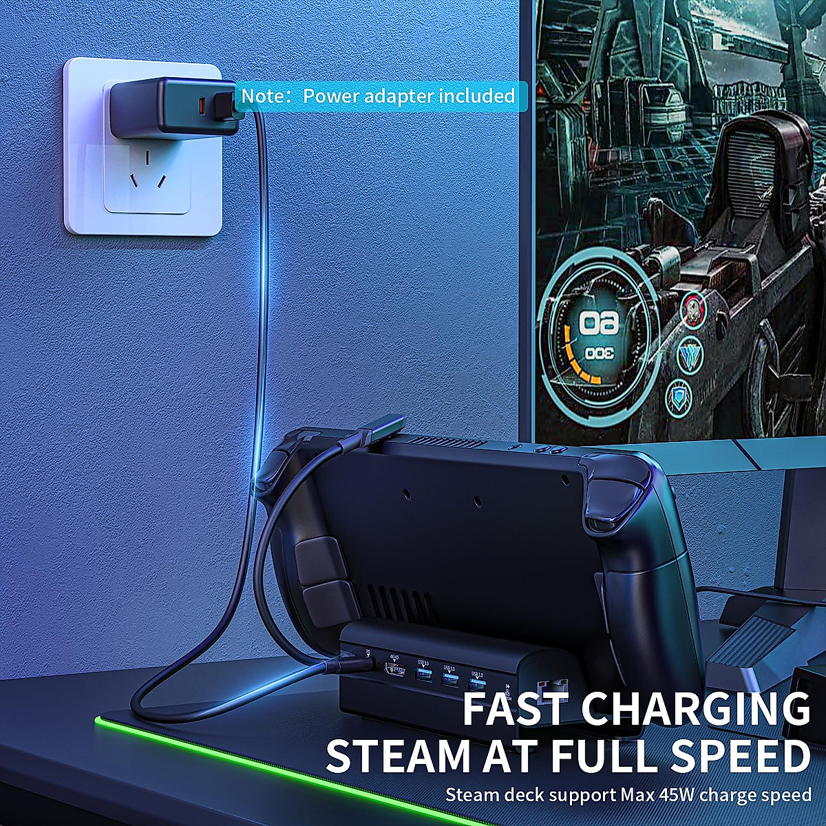 Catlyn Deck Dock for Steam Deck/ROG Ally, 6-in-1 Docking Station with 45W Charger, HDMI 2.0 4K@60Hz, Gigabit Ethernet 1000Mbps, 3 USB-A 3.0 and USB-C PD, for ASUS Lenovo Legion Go MSI Claw Hub