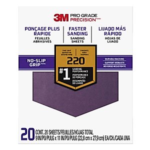 3M Advanced Sandpaper, 20 Sheets, 220 Grit, 3M Pro Grade Precision, Features No-Slip Grip Backing, 9-in x 11-in, For Sanding Wood, Drywall, or Metal, Can be Used on Wet or Dry Surfaces (26220CP-P-G)