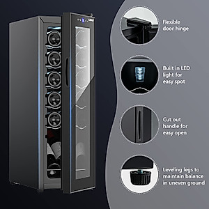 COSTWAY 10 Inch Wine Cooler, 12 Bottles Wine Refrigerator w/Digital Temperature Control, Double-Layer Door & LED Lights, Freestanding Built-in Mini Wine Fridge for Home Bar Office