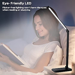 Kitys Fatch LED Touch Sensing Desk Lamp with USB Charging Port, 5 Lighting Modes, 5 Levels of Brightness, 30/60 Minutes Auto Timer, Foldable Desk Lamp for Bedroom, Study Room, (Black)