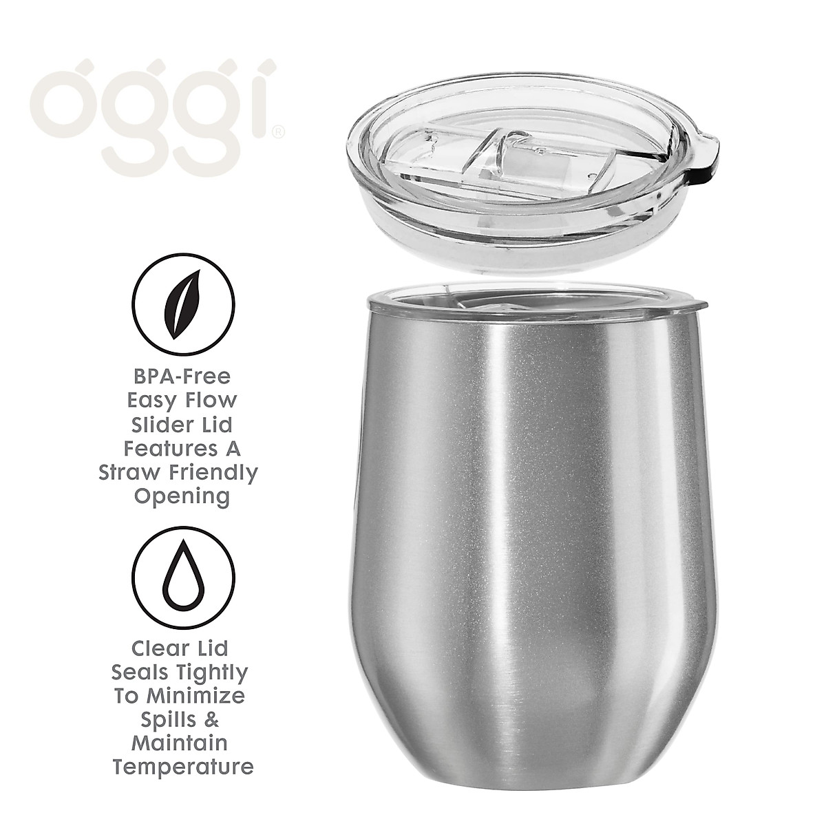 Oggi Cheers 'Celebrate Collection' Stainless Steel Insulated Wine Tumbler - Silver Sparkle, 12oz, with clear slider lid. (Pack of 2)