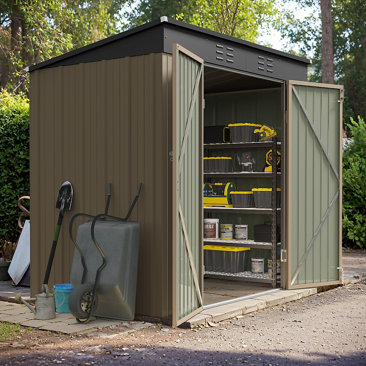 Devoko 6 x 8 FT Outdoor Storage Shed, Metal Garden Tool Sheds & Outdoor Storage House with Sloped Roof for Patio Lawn Backyard (Brown)