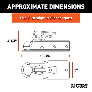 CURT 25138 Straight Tongue Trailer Coupler for 3-Inch Channel, 2-In Hitch Ball, 3,500 lbs