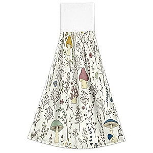 Kigai Mushroom Hanging Kitchen Hand Towels Set of 2, Absorbent Soft Dish Towel with Loop Coral Fleece Dish Cloth Tie Towels for Bathroom Kitchen Home Decor