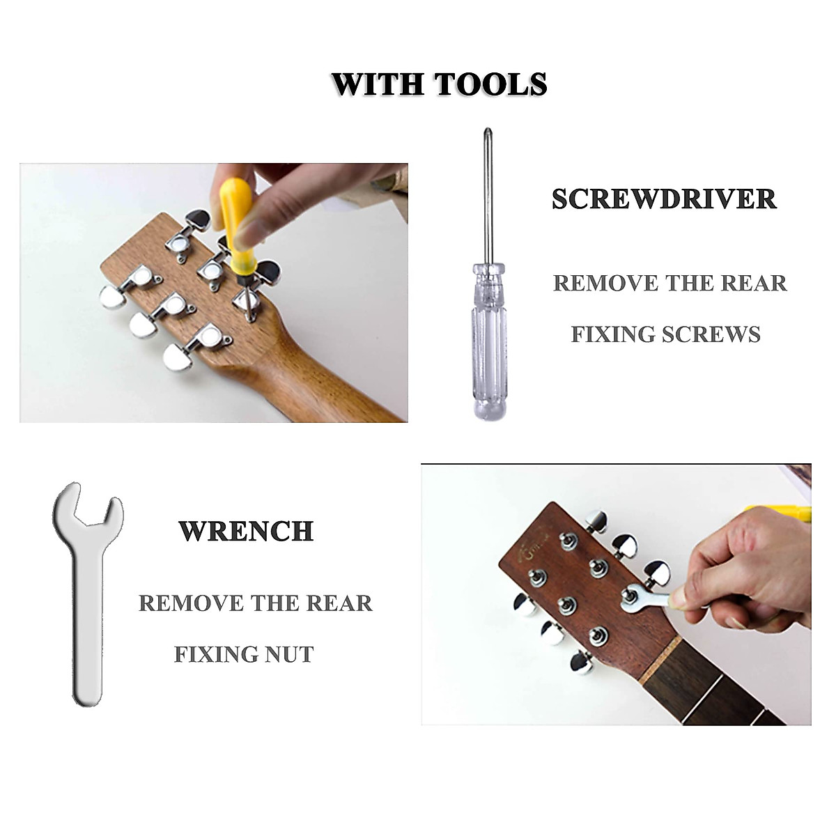 6 Pieces Guitar String Tuning Pegs, Guitar Machine Heads Knobs for Electric or Acoustic Guitar with Tools (3 Left + 3 Right) (Silver)