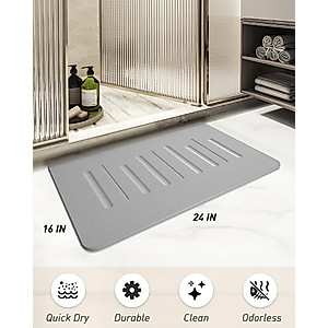 AMOAMI Stone-Bath-Mat, Ultra Absorbent Fast Drying Diatomaceous Earth, Non Slip Bathtub Mat Stone, Low Maintenance Stone Drying Mat (16"x24", Grey)