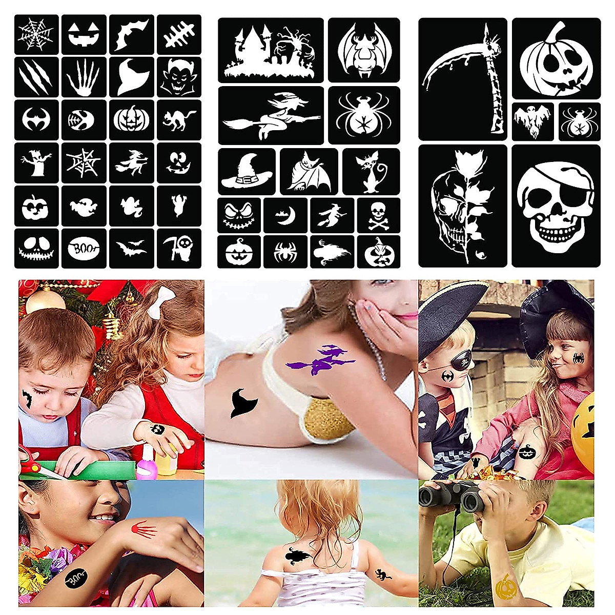 90Pcs Halloween Glitter Tattoo Stencils, Airbrush Tattoo Templates Kit Halloween Pumpkin Temporary Tattoo Stickers for Kids Drawing Template Party Props (6 Sheets)
