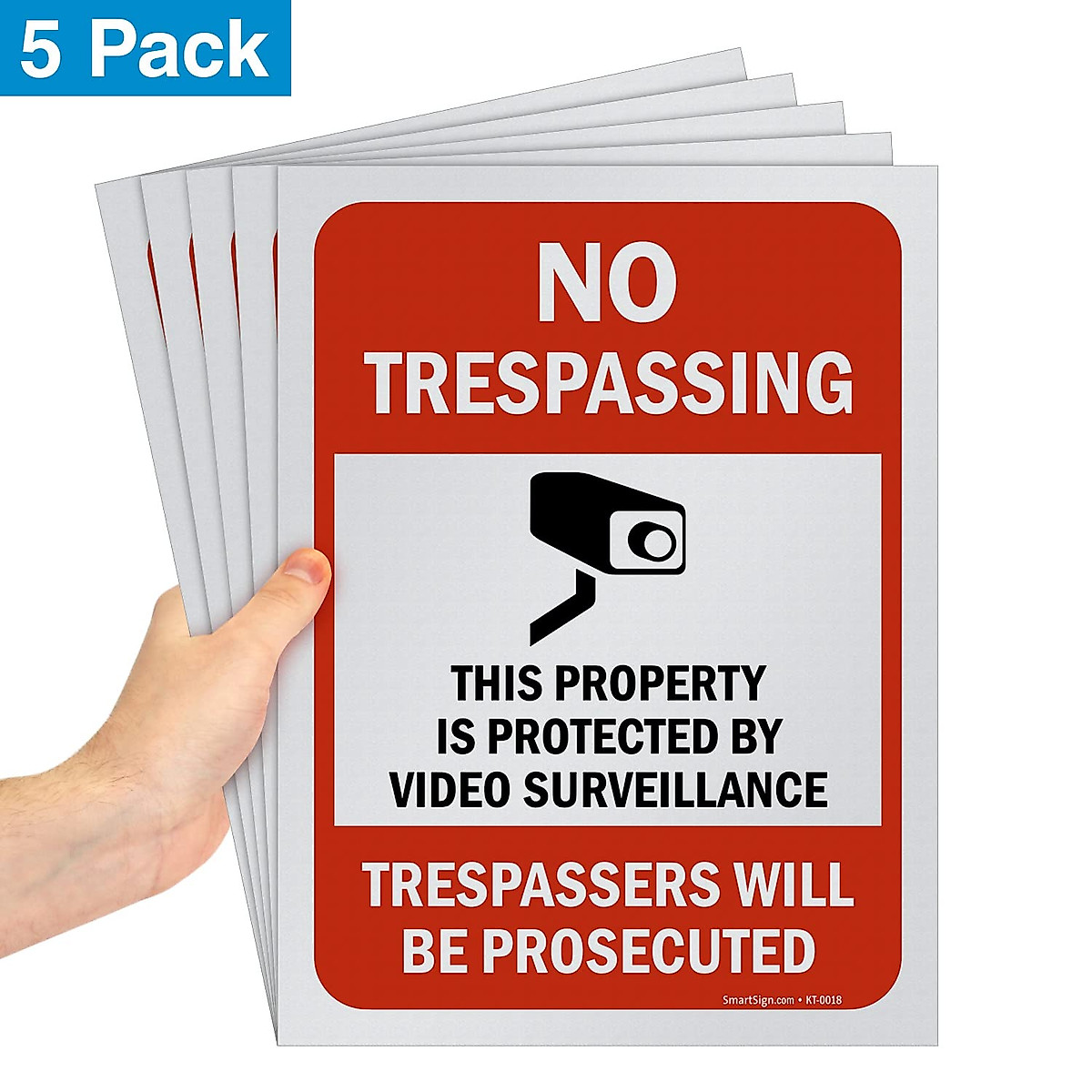 SmartSign (Pack of 5) 12 x 9 inch “No Trespassing - Property Protected By Video Surveillance” Sign, Screen Printed, 10 mil Polystyrene Plastic, Red/Black on White, Made in USA
