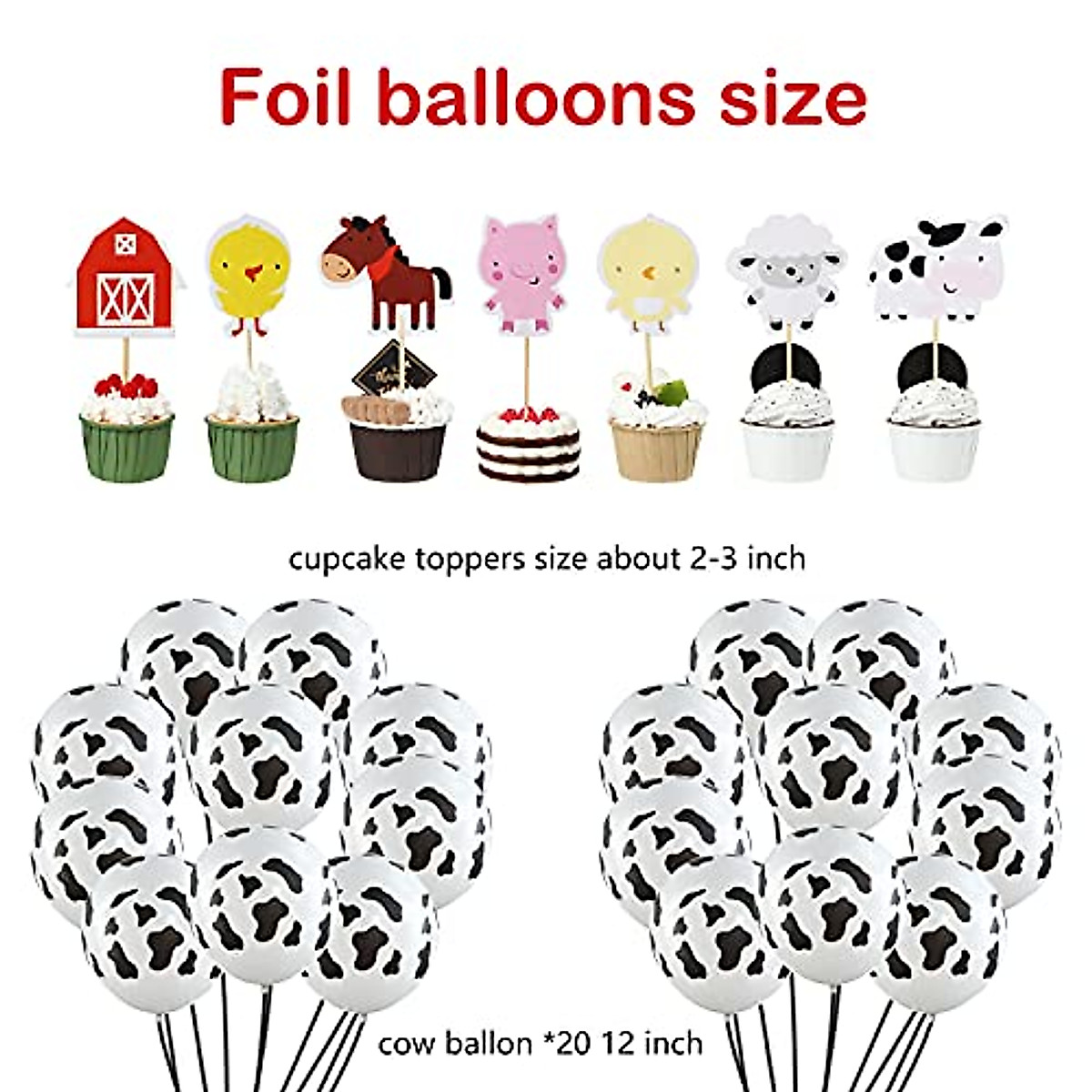 Farm Birthday Party Decorations Supplies Farm Animals Barn Backdrop Banner Farm Animals Walking Balloons Cupcake Toppers Set for Kids Farm Animals Cow Theme Party Supplies
