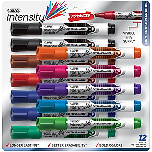 BIC Intensity Advanced Dry Erase Marker, Tank Style, Chisel Tip, Assorted Colors, Bright & Vivid Colors, 12-Count