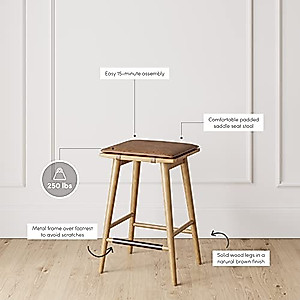 Nathan James Barker Classic Counter Height Wood Barstool with Leather Removable Cushion, Backless Island 24" Bar Stool for Kitchen, Chestnut Brown