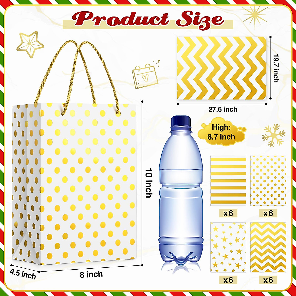 Tenceur 24 Pcs Valentine's Day Gift Bags with Tissue Paper Reusable Foil Gift Packaging with Handle for Wedding Birthday Mother's Day Baby Shower Party Favor 10 x 8 x 4.4 Inch(White and Gold)