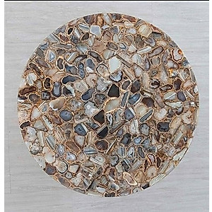 42 x 42 Inches Round Shape Marble Dining Table Top Shiny Brown Agate Stone Epoxy Art Reception Table for Restaurant Decor